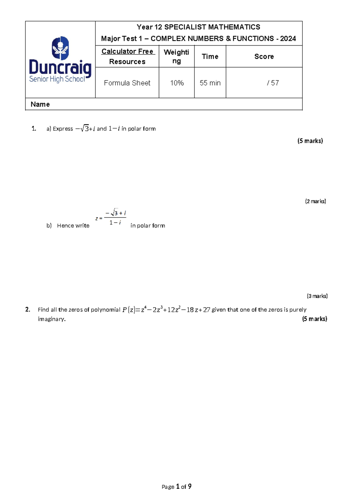 Major Test 1 2024 - test 1 2024 complex nums - Year 12 SPECIALIST ...