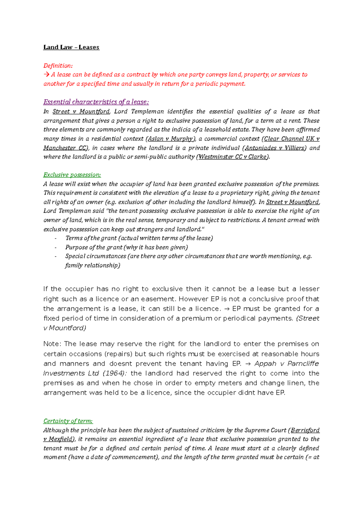 Leases - Summary of lecture + book chapter - Land Law – Leases ...