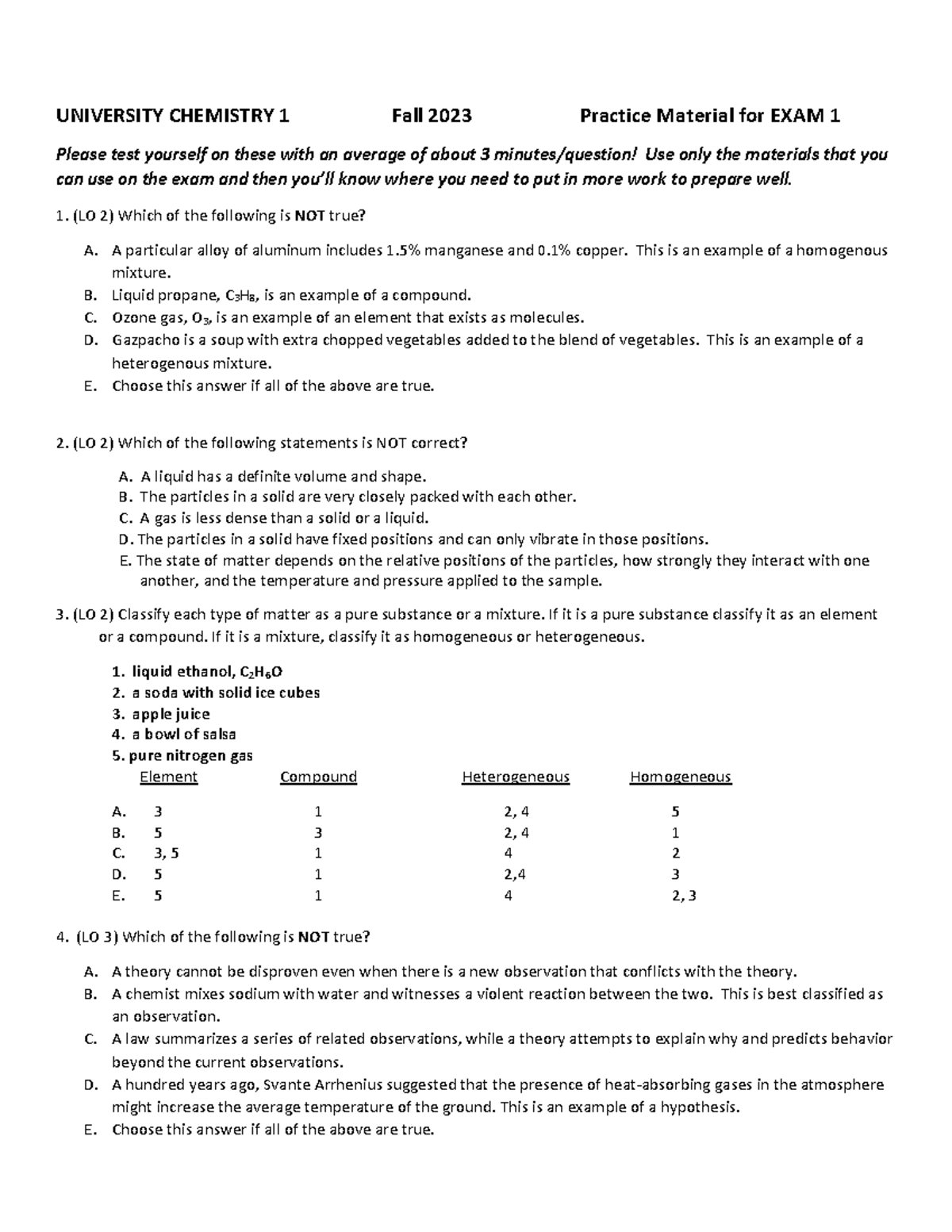 Chemistry 1 (CHEM 101) Fall 2023 Exam 1 Practice Questions - Studocu
