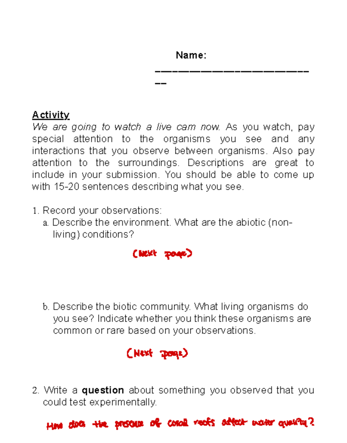 Lab 1 Worksheet: Observations of Live Cam Organisms and Interactions ...