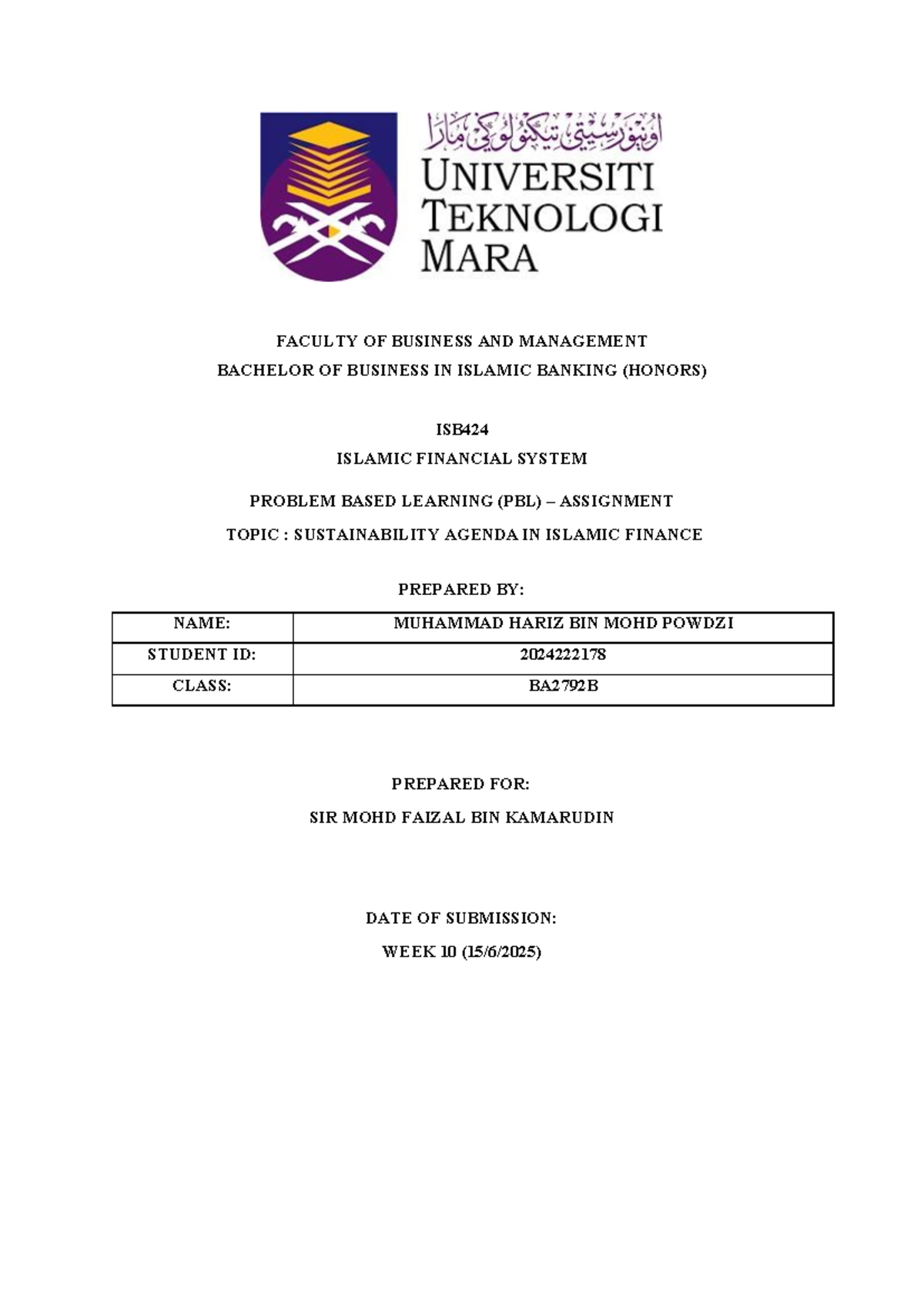 ISB424 PBL Assignment: Sustainability Agenda in Islamic Finance - Studocu