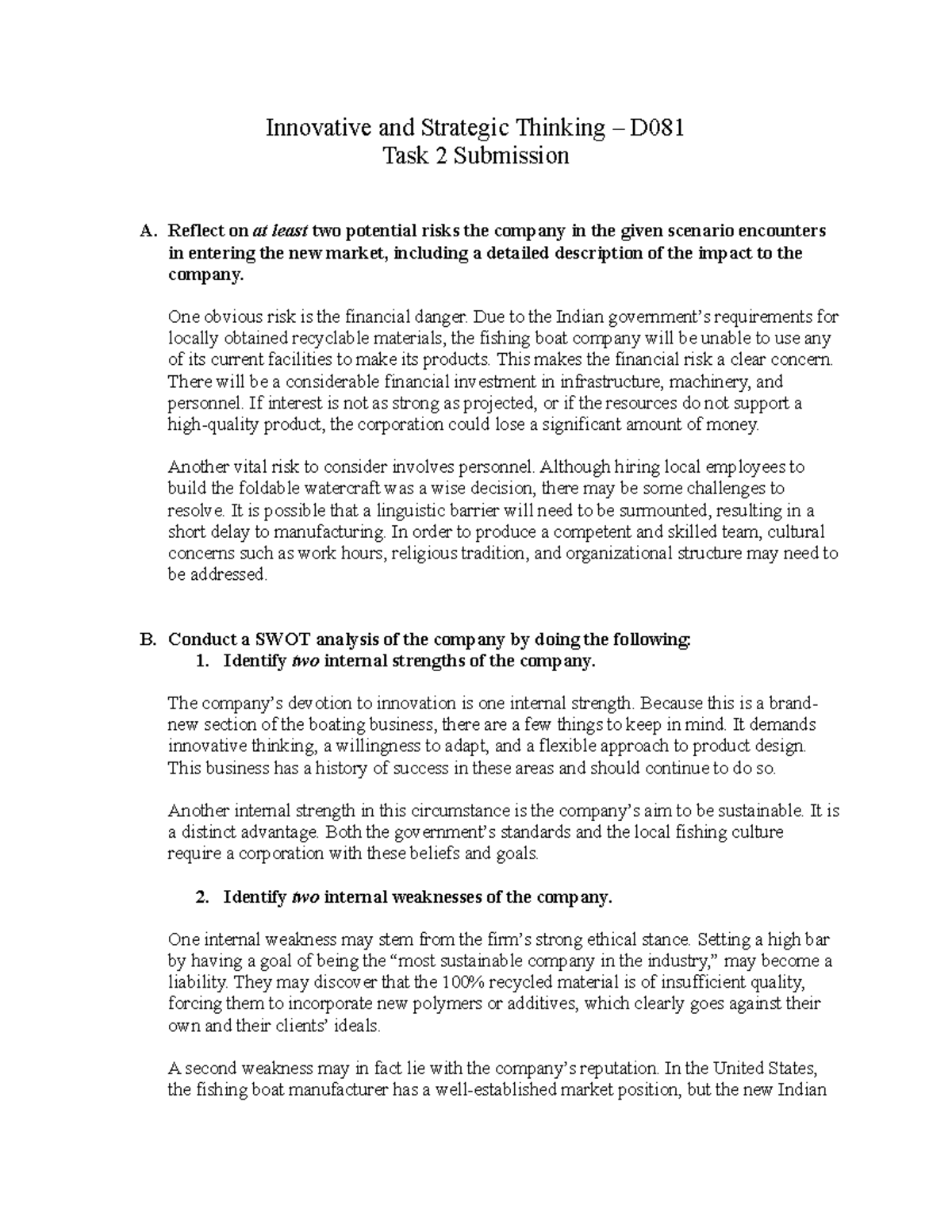 D081 Task 2: Risks, SWOT Analysis & Strategic Recommendations - Studocu