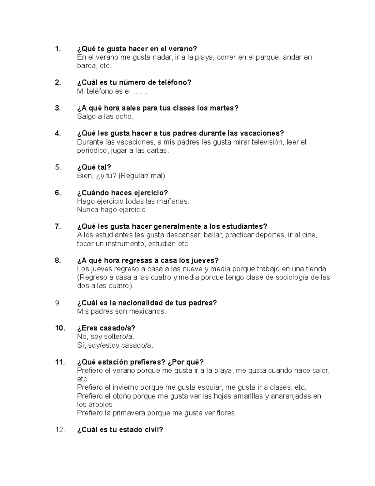 Spanish elementary quiz summary - 1. ¿Qué te gusta hacer en el verano ...