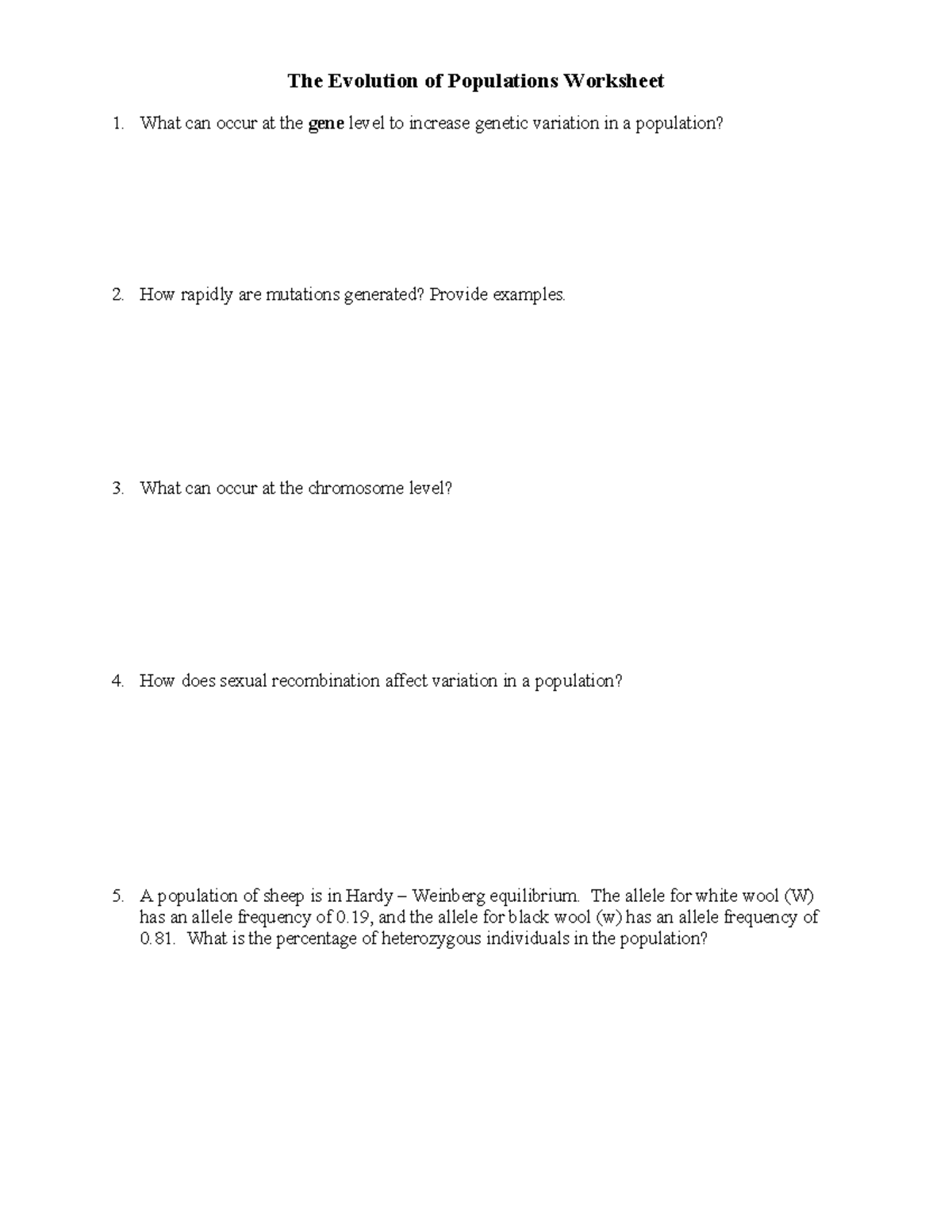 Evolution of Populations Worksheet: Genetics & Hardy-Weinberg ...
