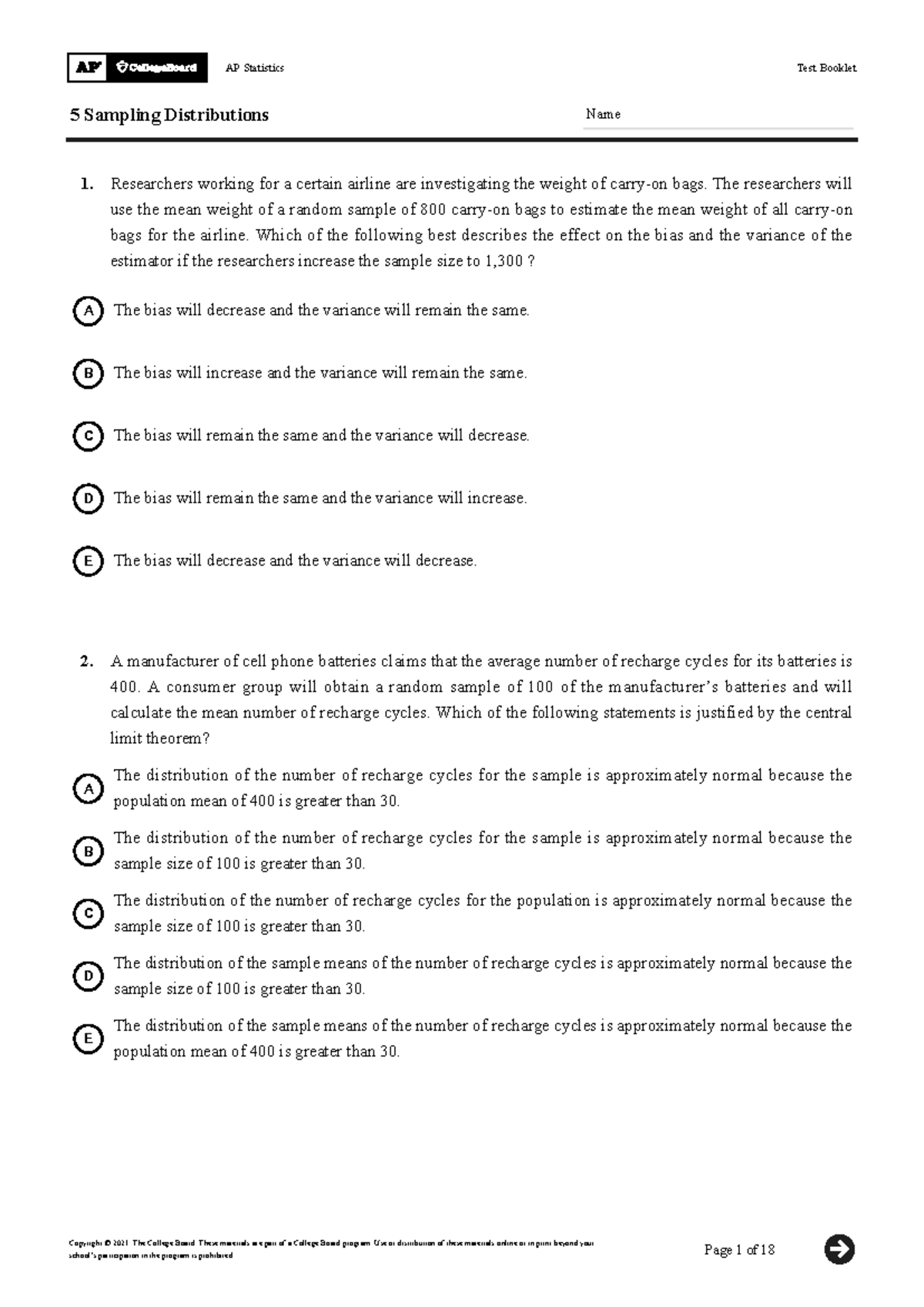 AP Statistics 5 Sampling Distributions Test Booklet - Studocu