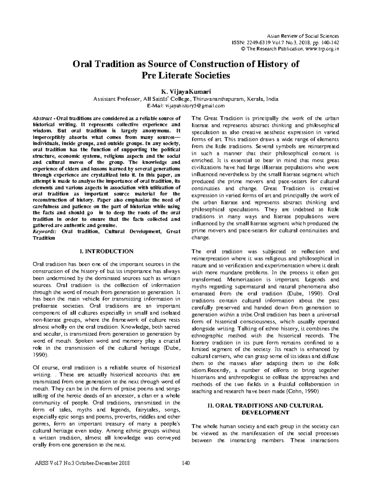 Oral Tradition as a Historical Source in Pre-Literate Societies - ARSS ...