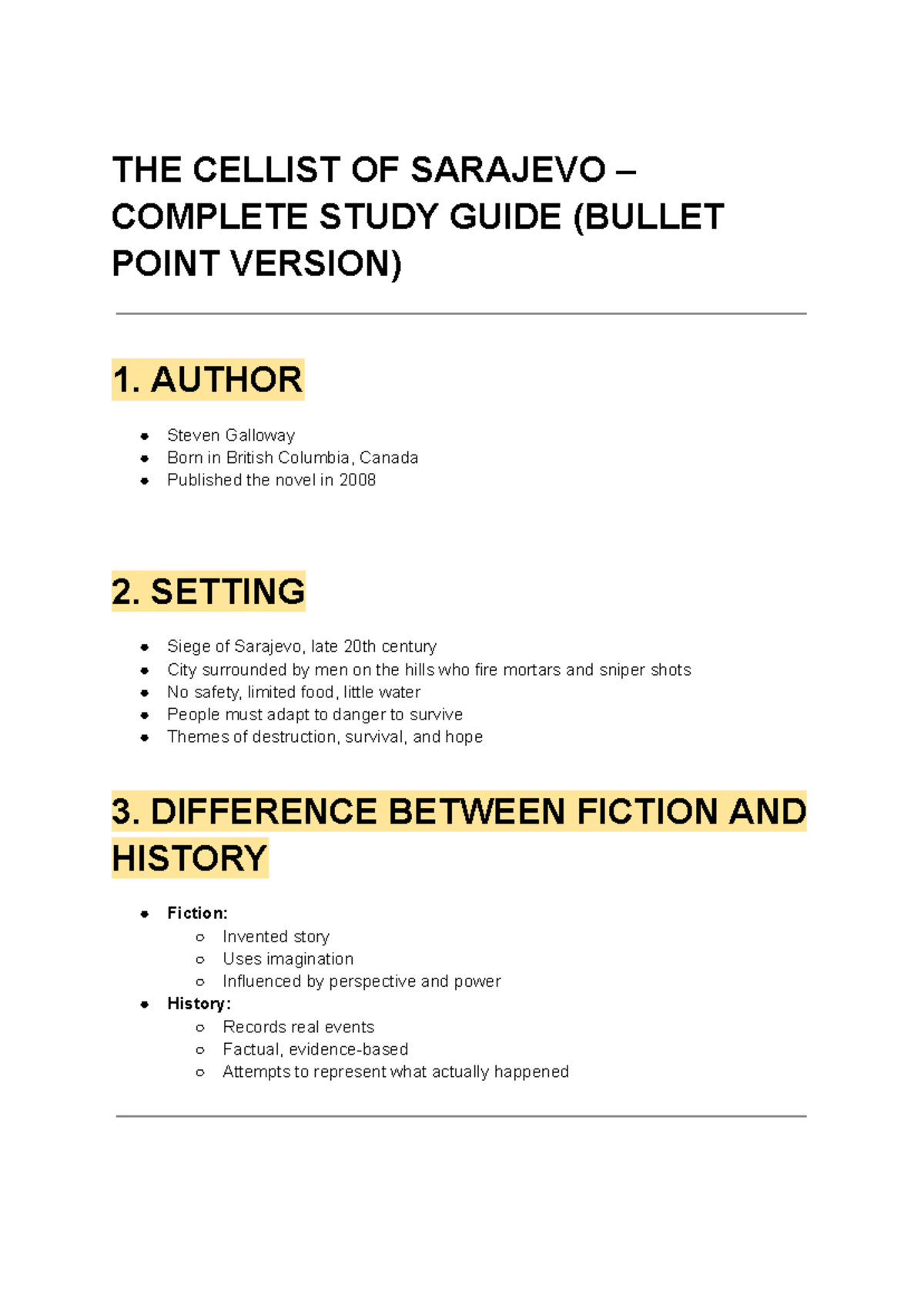 The Cellist of Sarajevo Study Guide (Bullet Point Version) - Studocu