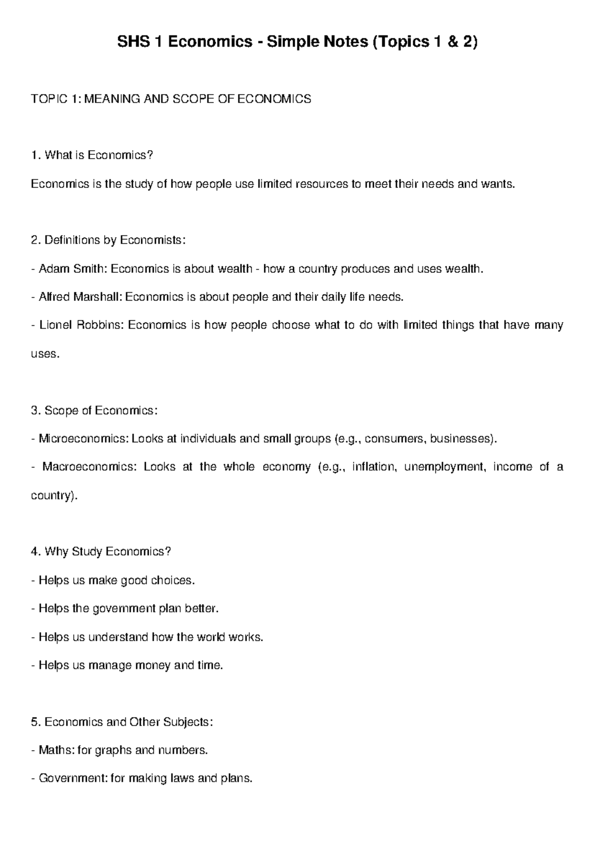 SHS 1 Economics Simple Notes: Topics 1 & 2 Overview - Studocu