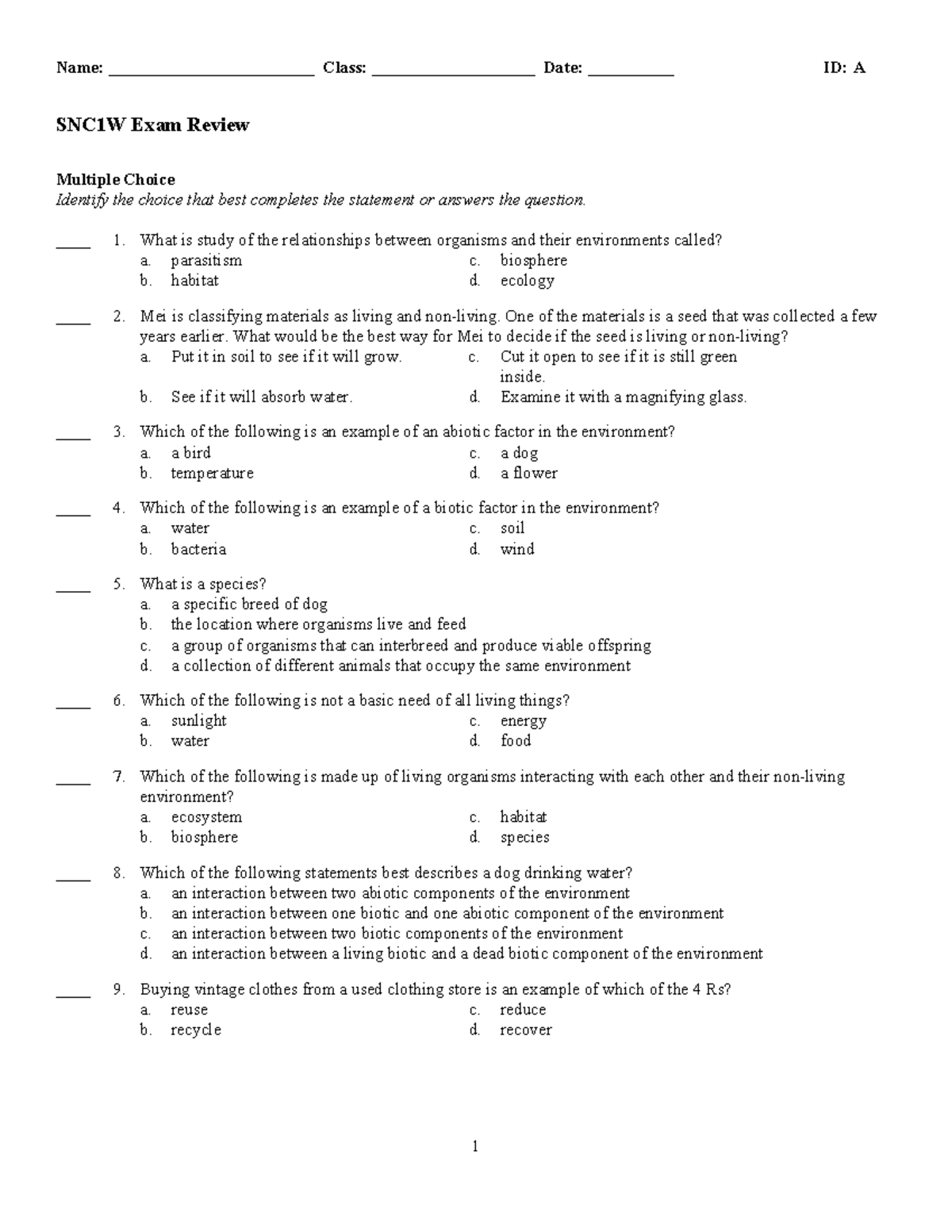 SNC1W Midterm Exam Review: Ecology and Electricity Concepts - Studocu