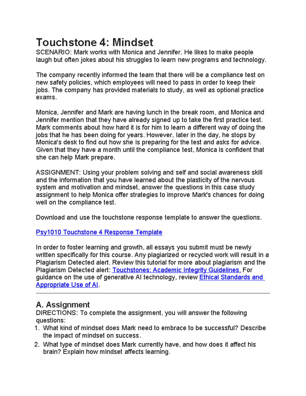 Psy1010 Touchstone 4 Case Study: Strategies for Mindset Improvement - Studocu