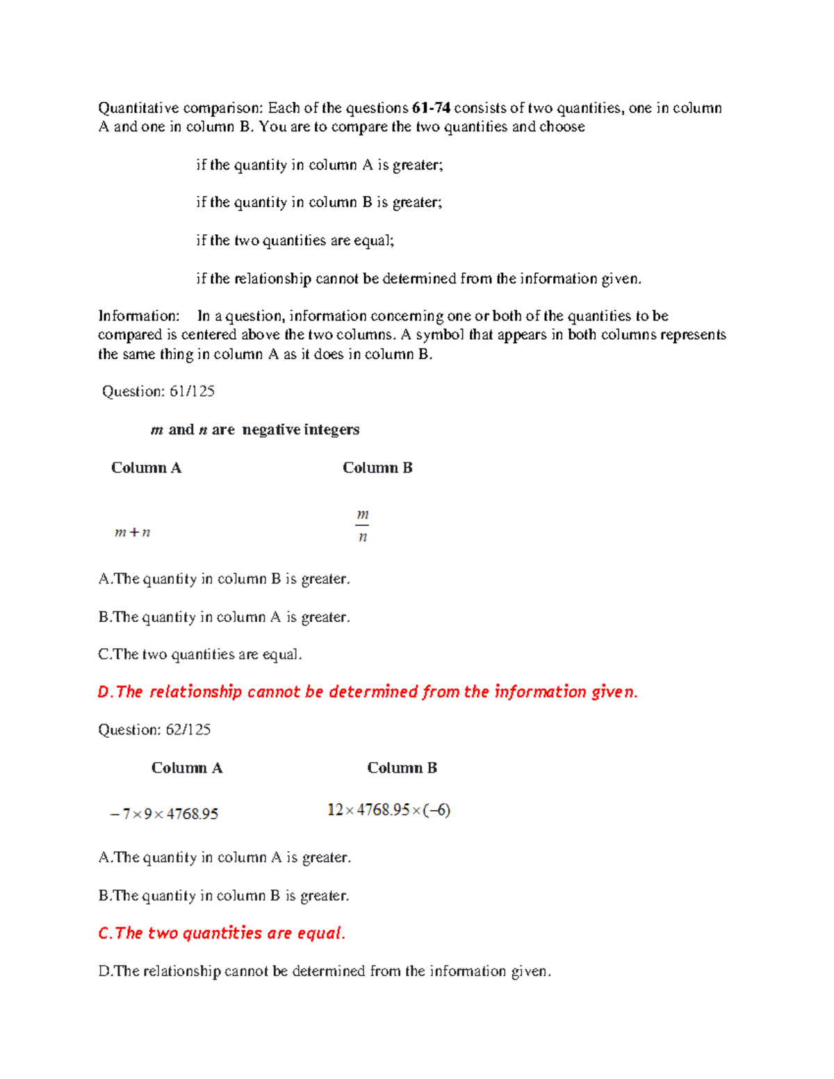 GAT EXAM 2 - Quantitative Comparison Practice Questions - Studocu