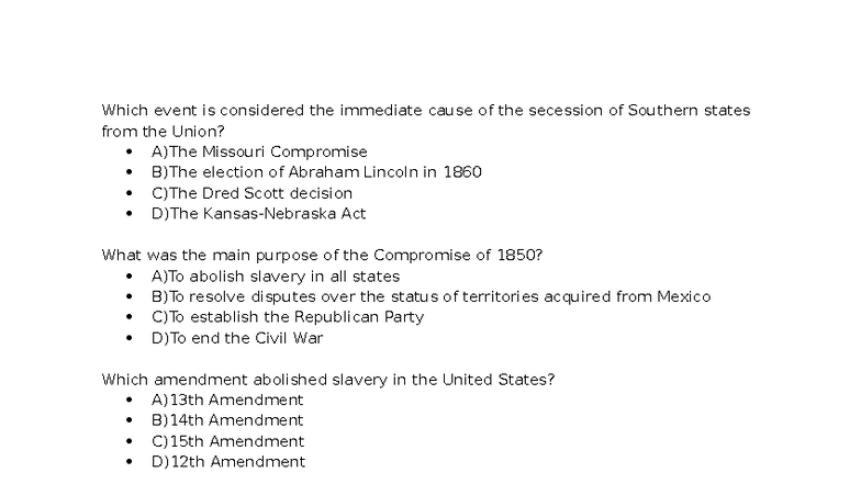 APUSH Pre-Civil War Quiz Questions and Answers - Studocu