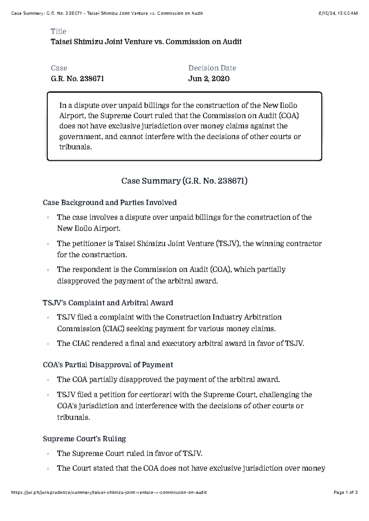 Case Summary: G.R. No. 238671 - Taisei Shimizu JV vs. COA Findings ...