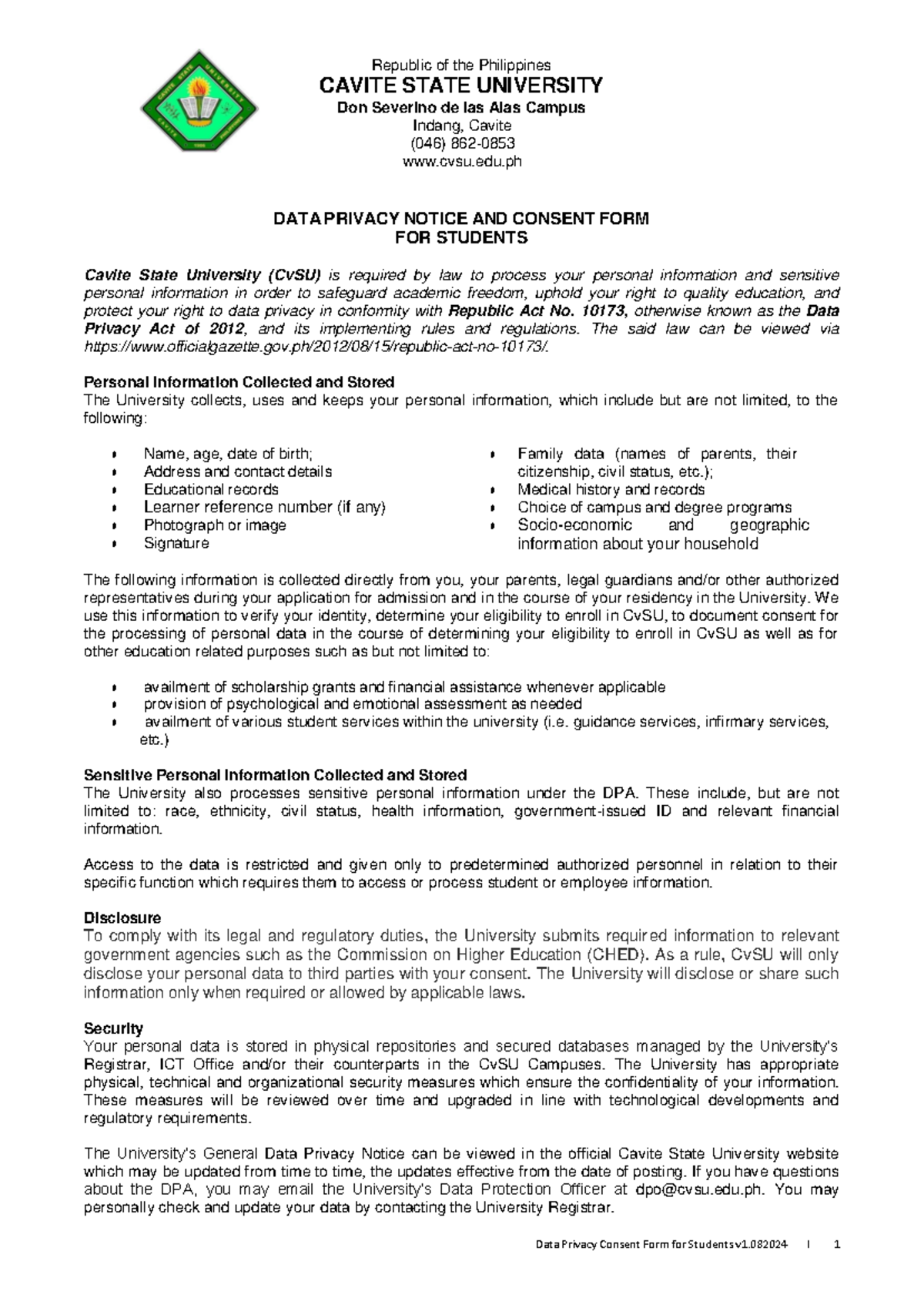 Data Privacy Notice and Consent Form for Students (CvSU) - Studocu