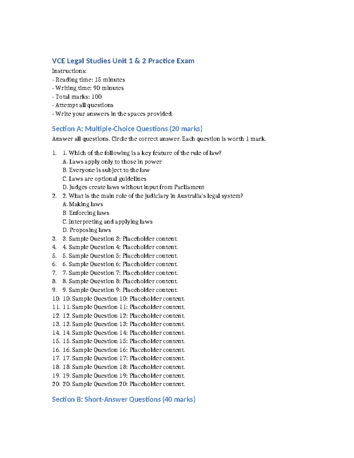 VCE Legal Studies Unit 1 & 2 Practice Exam - Revision Guide - Studocu