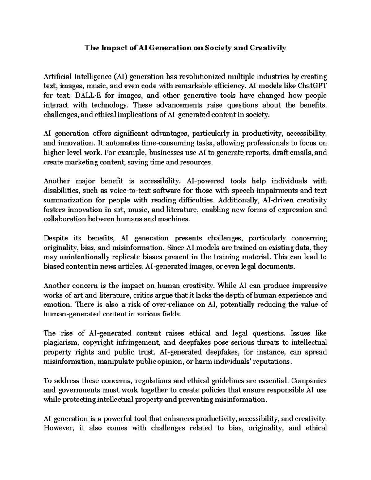 The Impacts of AI Generation on Society & Creativity: An Analysis - Studocu
