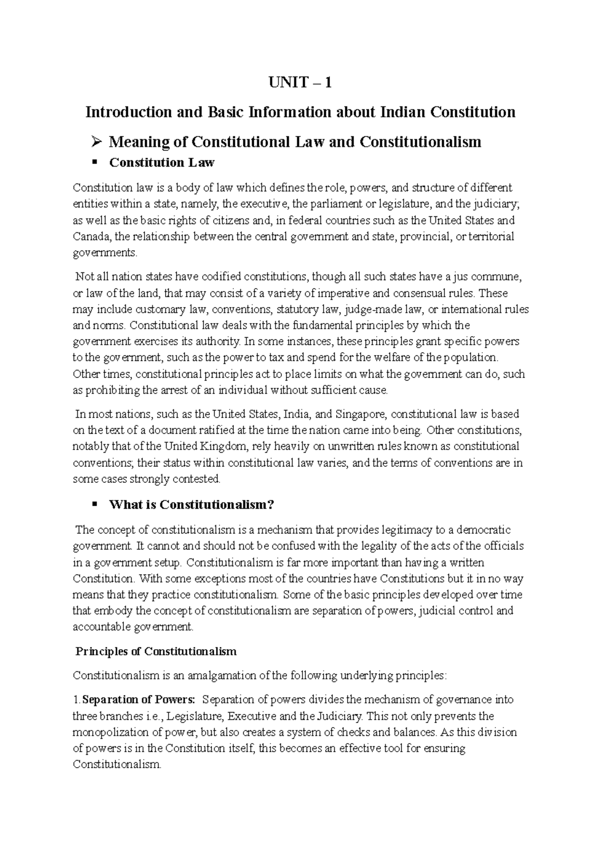 COI UNIT 1 - Introduction to Indian Constitution and Constitutional Law - Studocu