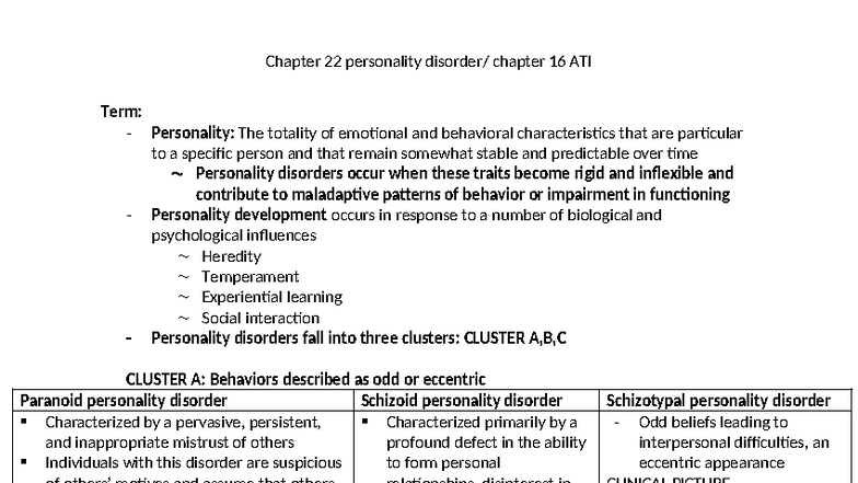 Personality Disorders Overview: ATI 230 Chapter 22 Notes - Studocu
