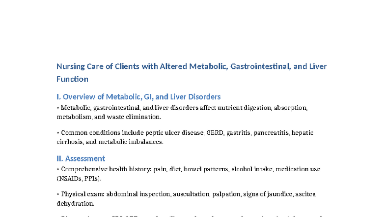 Nursing Care of GI & Liver Disorders: Key Insights and Management - Studocu