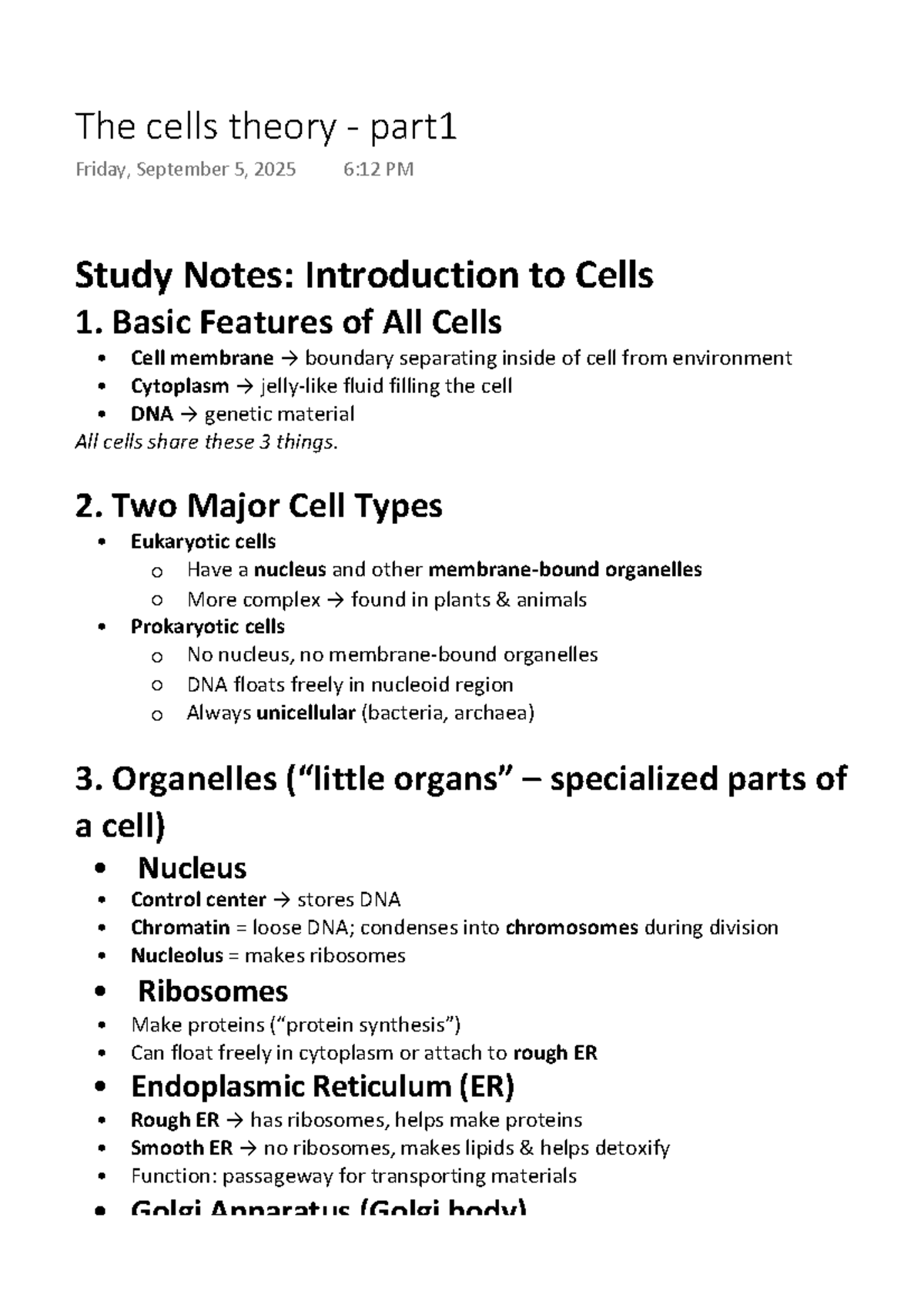 Cell Theory Study Notes: Introduction to Cells (Part 1) - Studocu