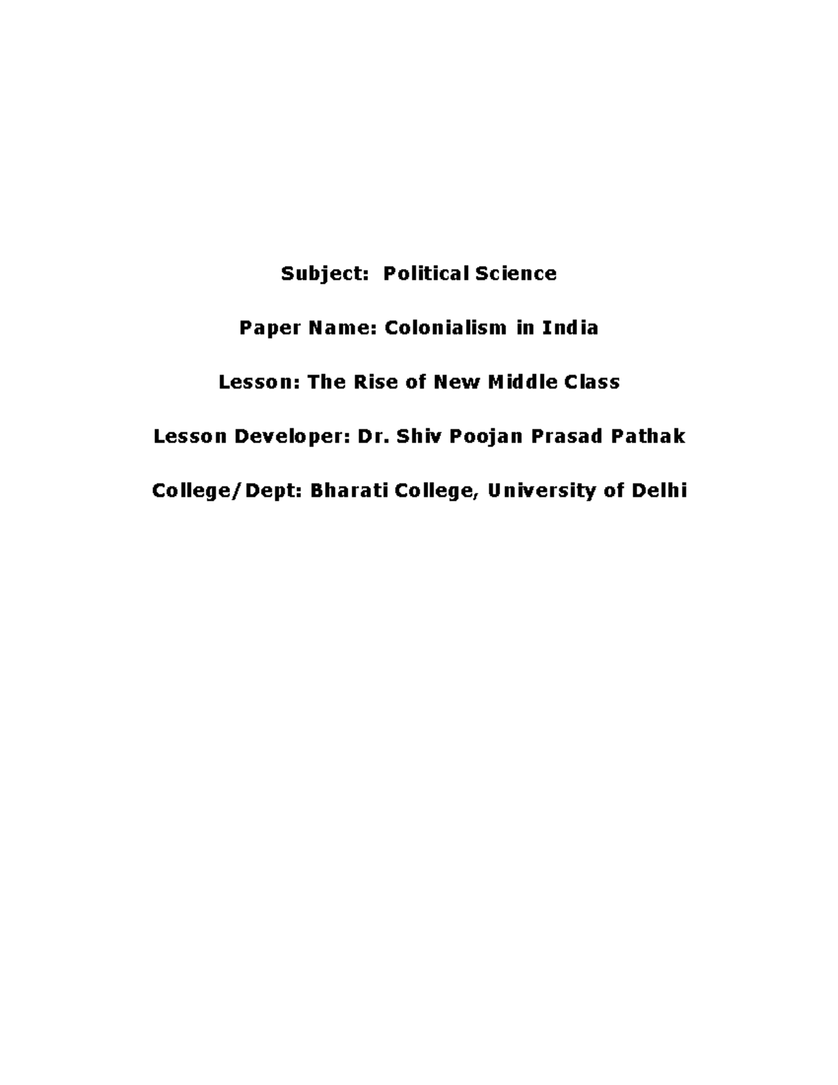 The Rise of the New Middle Class in Colonial India: PS-101 Lesson Notes ...