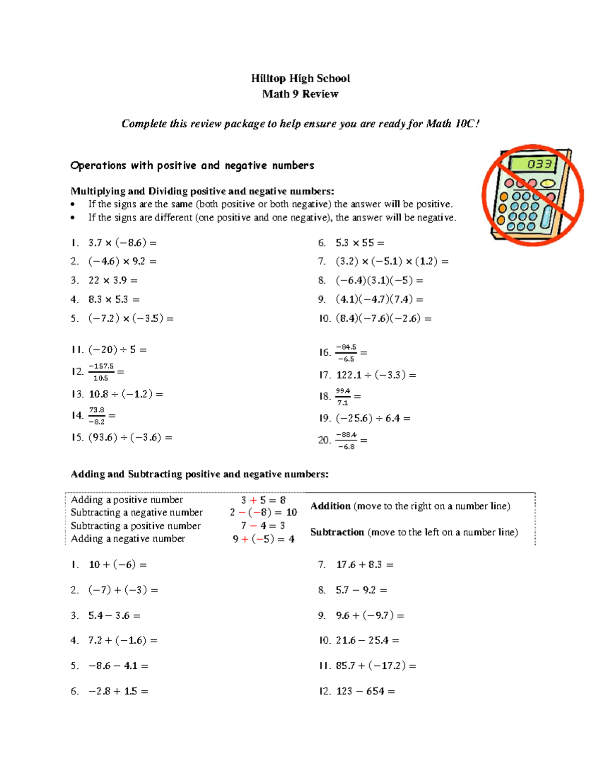Math 9 Review - good - Hilltop High School Math 9 Review Complete this ...