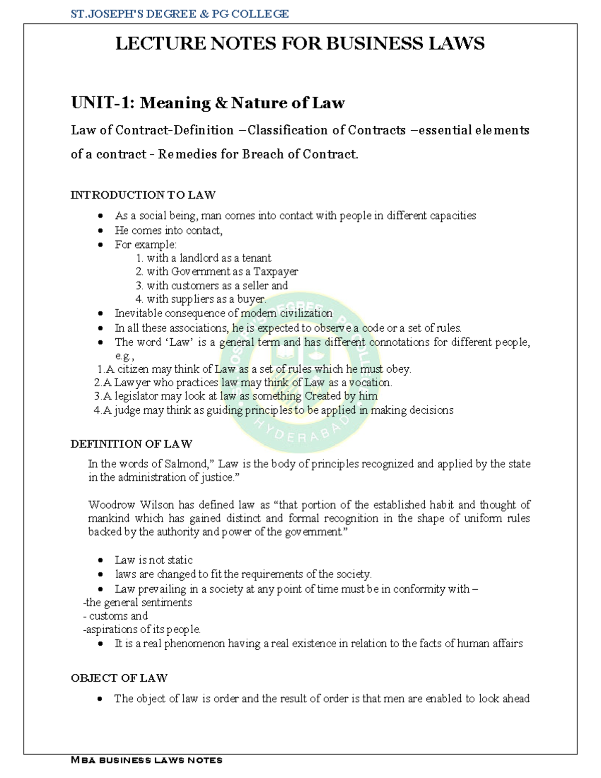 Business law - Contract Act Basics and introduction - LECTURE NOTES FOR ...