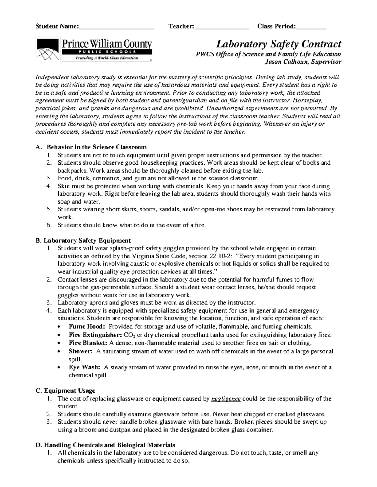 PWCS Lab Safety Contract for Science Class: Guidelines & Agreement ...