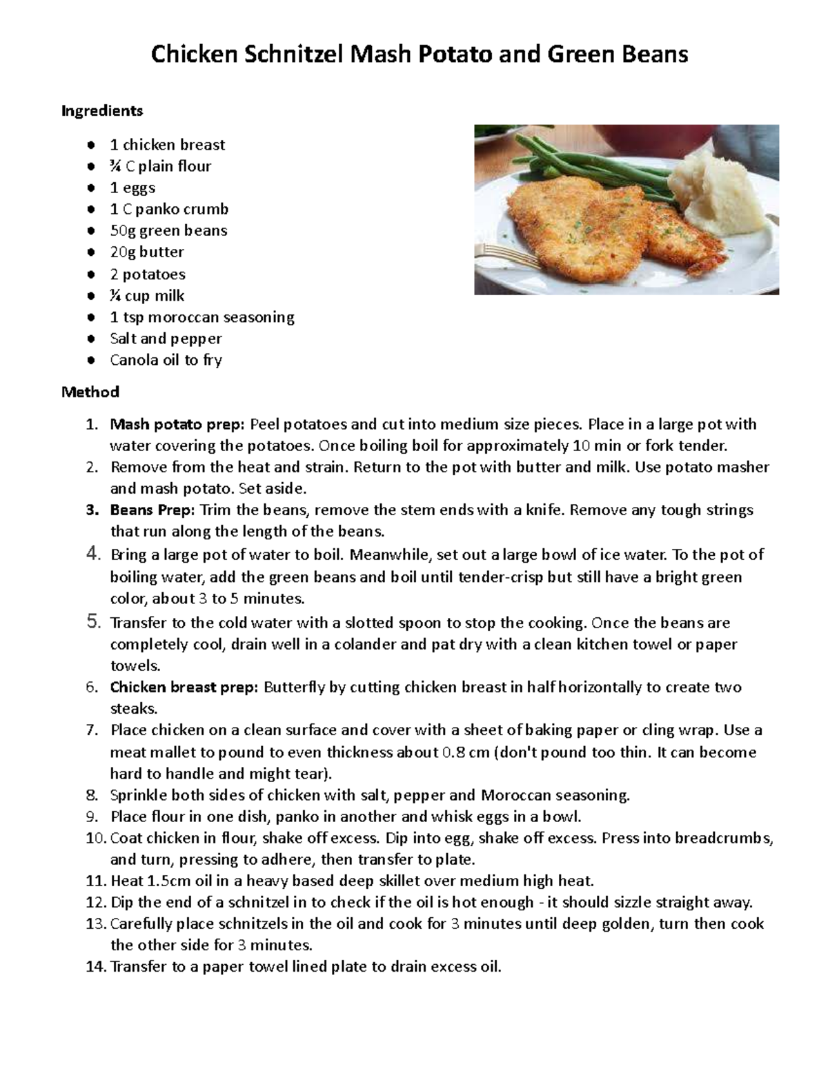 Chicken Schnitzel with Mash Potato & Green Beans Recipe - Studocu