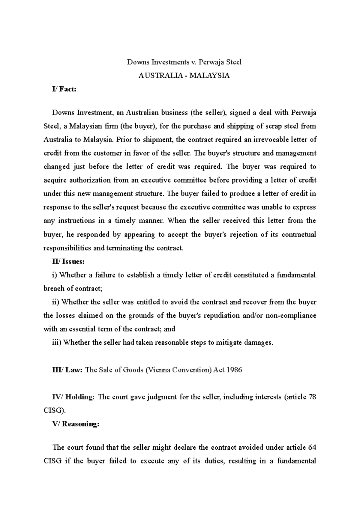 IRAC Analysis: Downs Investments v. Perwaja Steel (Australia-Malaysia ...