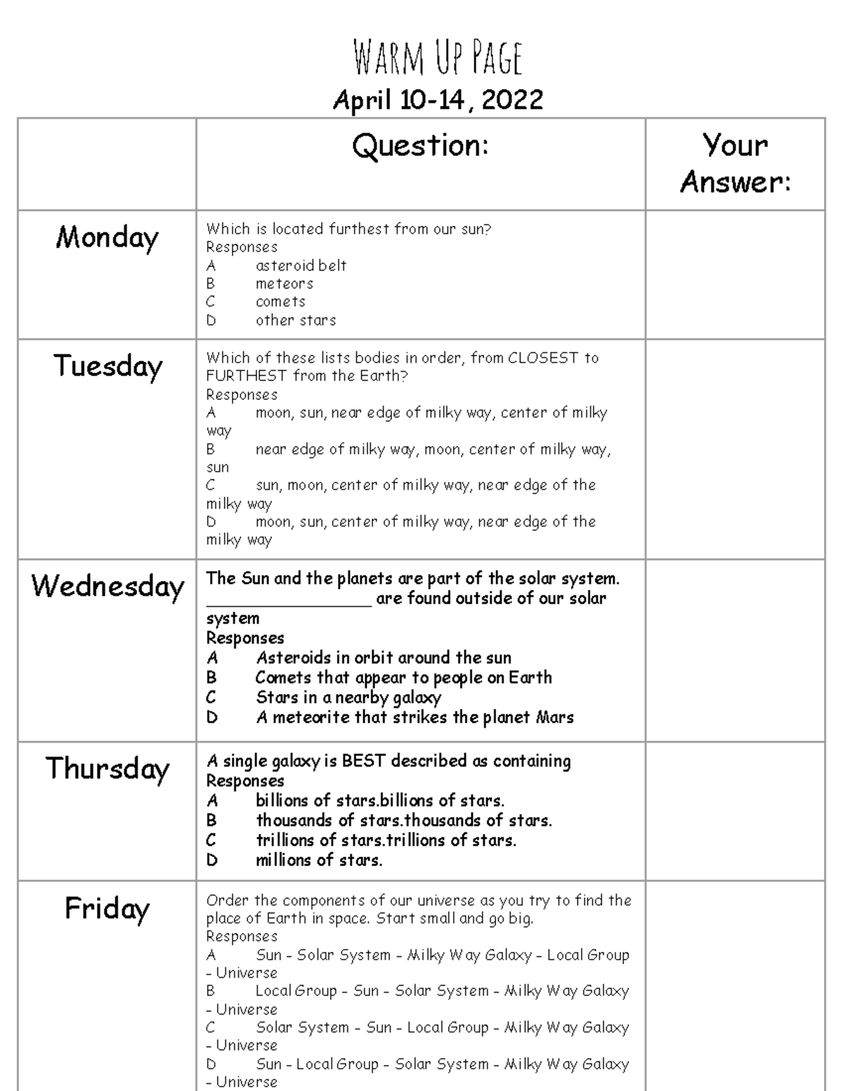 6th Grade Science Warm Up Questions - April 2022 - Studocu