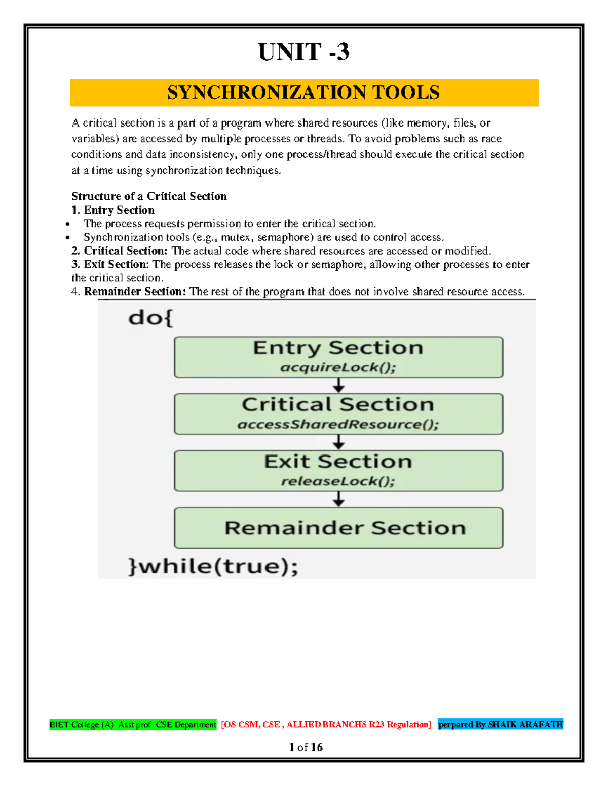 Unit 3: Synchronization Tools in Operating Systems (CSE R23) - Studocu