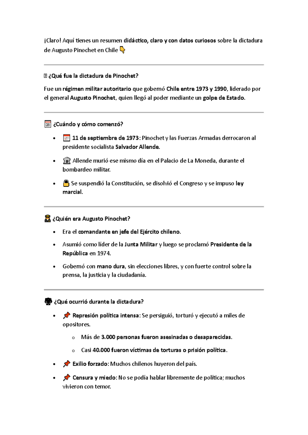 Resumen Didáctico sobre la Dictadura de Pinochet en Chile - Studocu