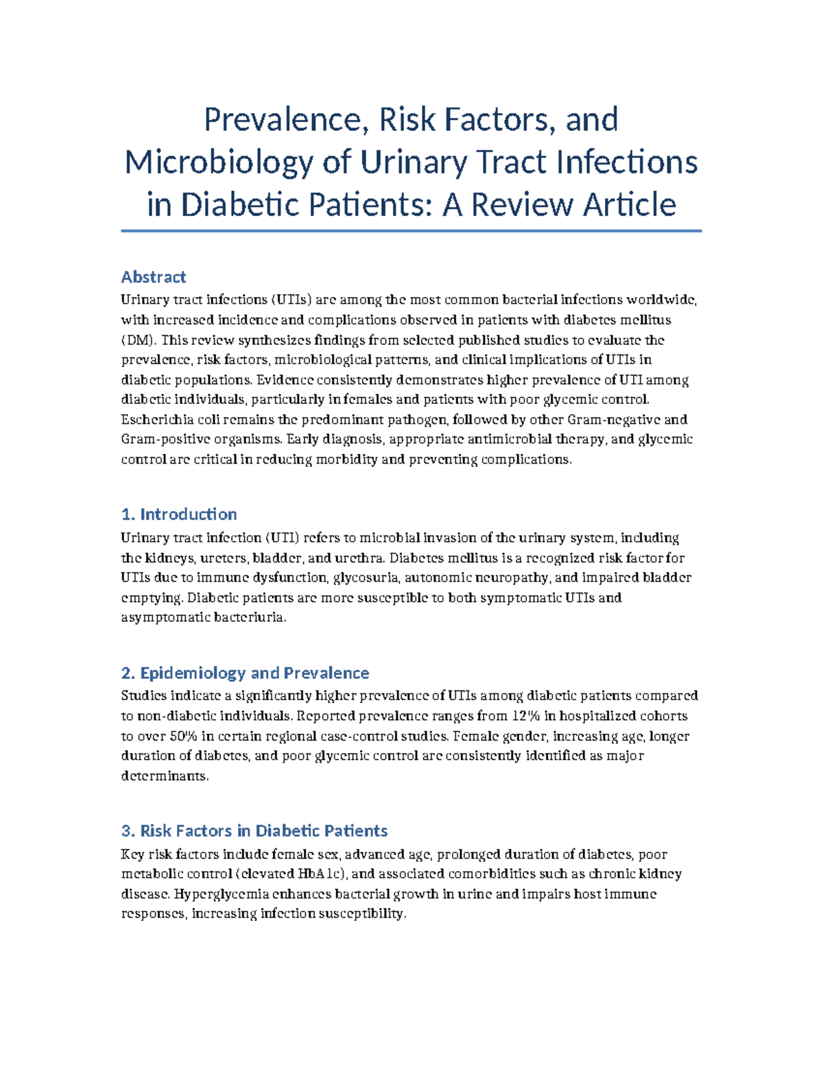 UTI Prevalence & Risk Factors in Diabetic Patients: A Review - Studocu