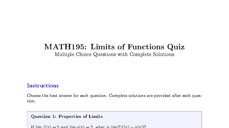 MTH195 QUIZ 2 Limits - PRACTISE MATHS 145 - MATH195: Limits of ...