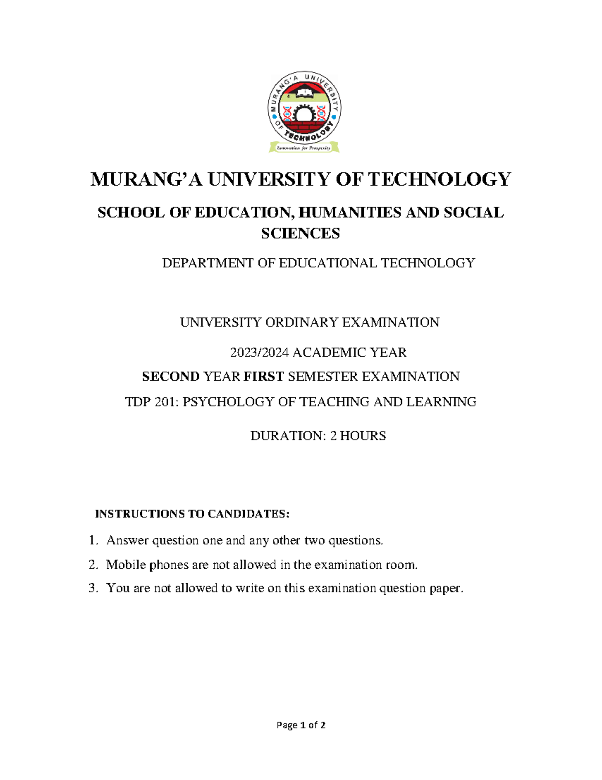 TDP 201: Psychology of Teaching and Learning Exam 2023 - Studocu