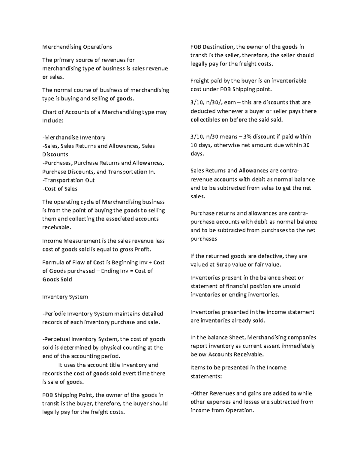 Merchandising Operations - The normal course of business of ...