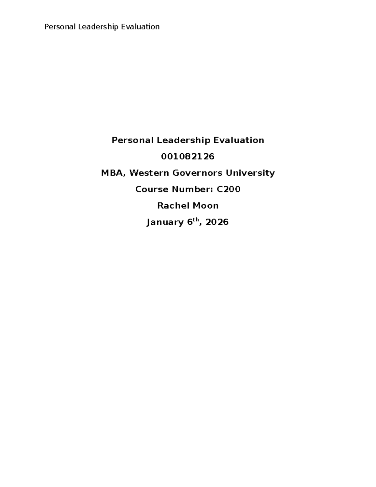 Personal Leadership Evaluation C200 - MBA Reflection and Goals - Studocu