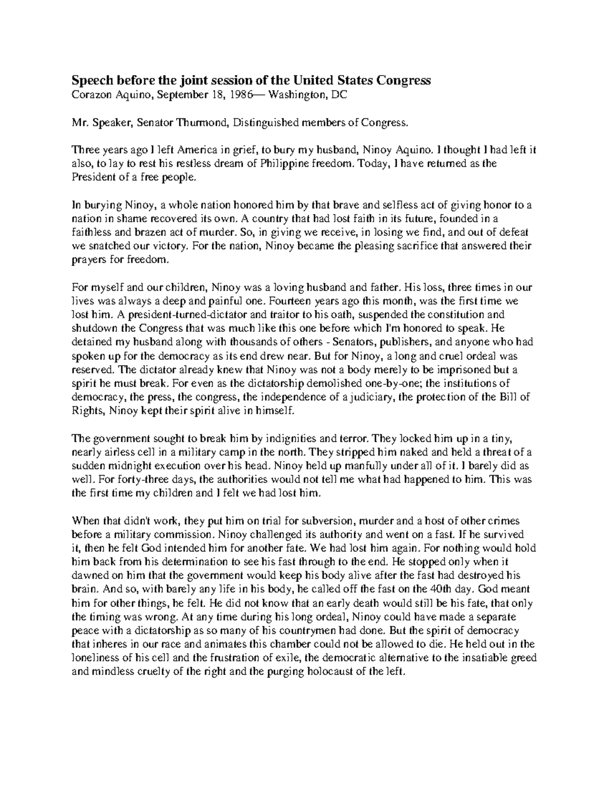 Pres Cory Aquino Speech - US Congress - Speech before the joint session ...