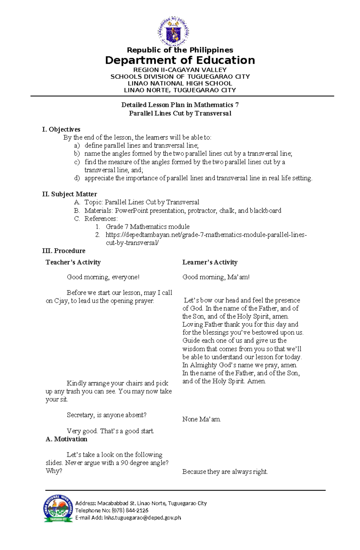 MATH 7 Detailed Lesson Plan: Parallel Lines & Transversal Concepts ...