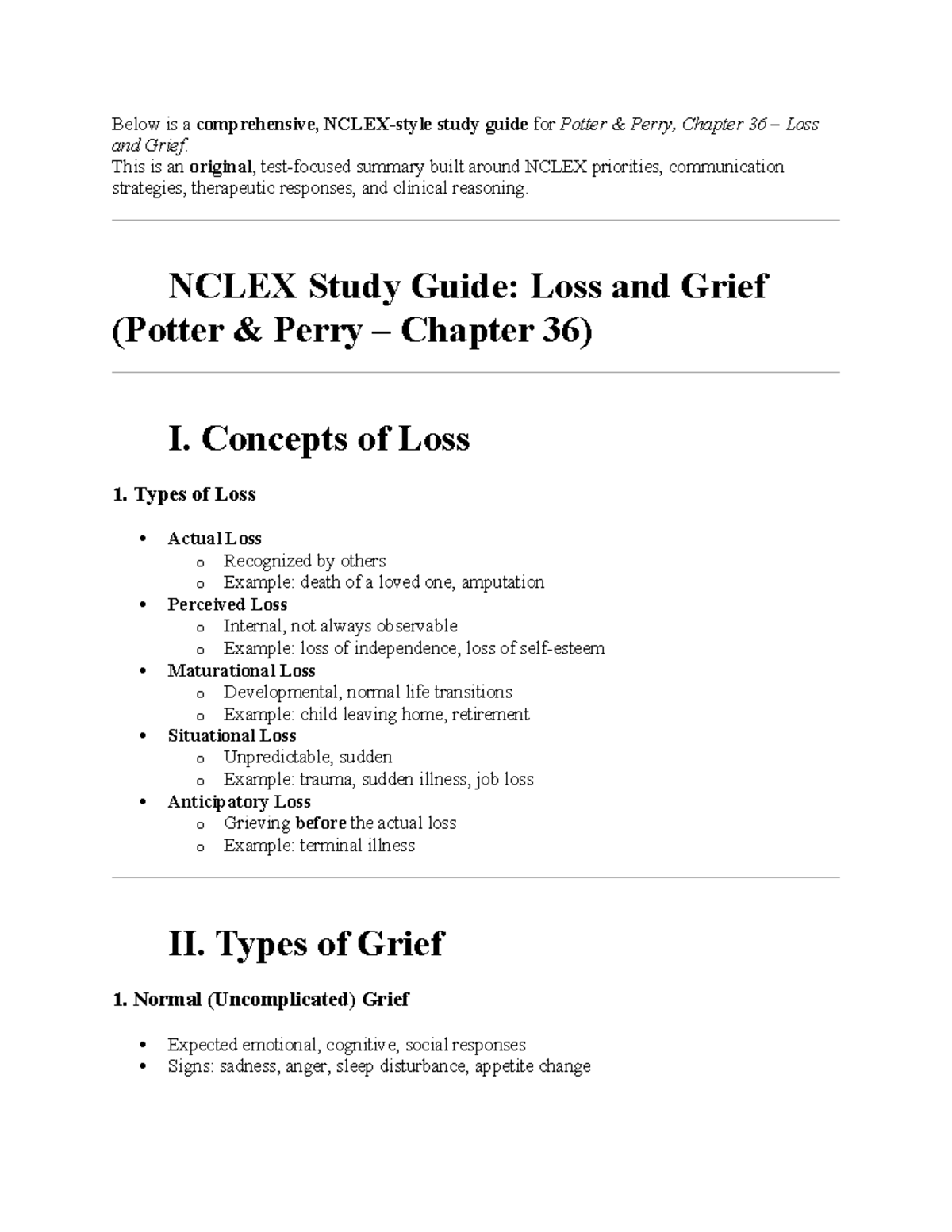 NCLEX Study Guide: Potter Perry Chapter 36 - Loss and Grief Overview ...