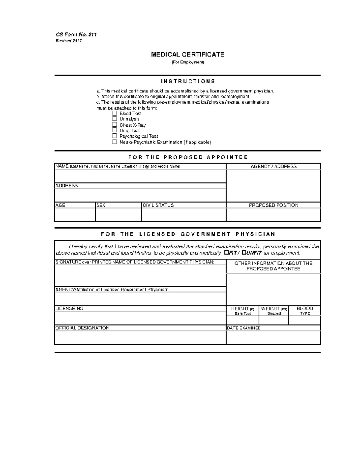 CS Form 211 - Medical Certificate for Reinstatement (Revised 2017 ...