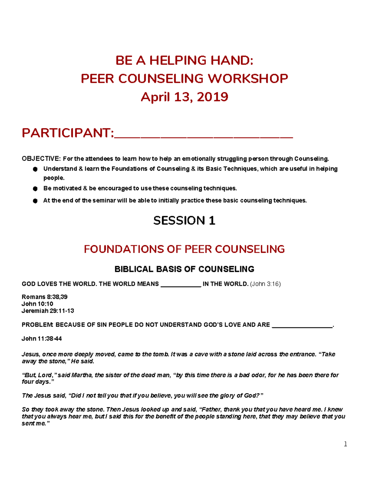BE A HELPING HAND: PEER COUNSELING WORKSHOP NOTES (April 2019) - Studocu