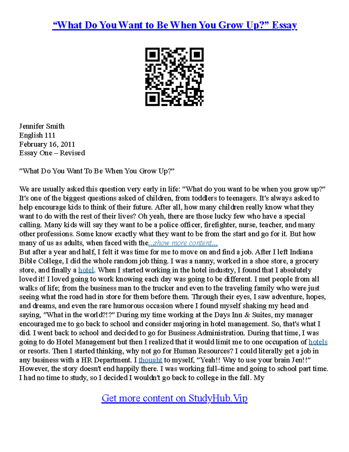 English 111 Short Essay: What Do You Want to Be When You Grow Up? - Studocu