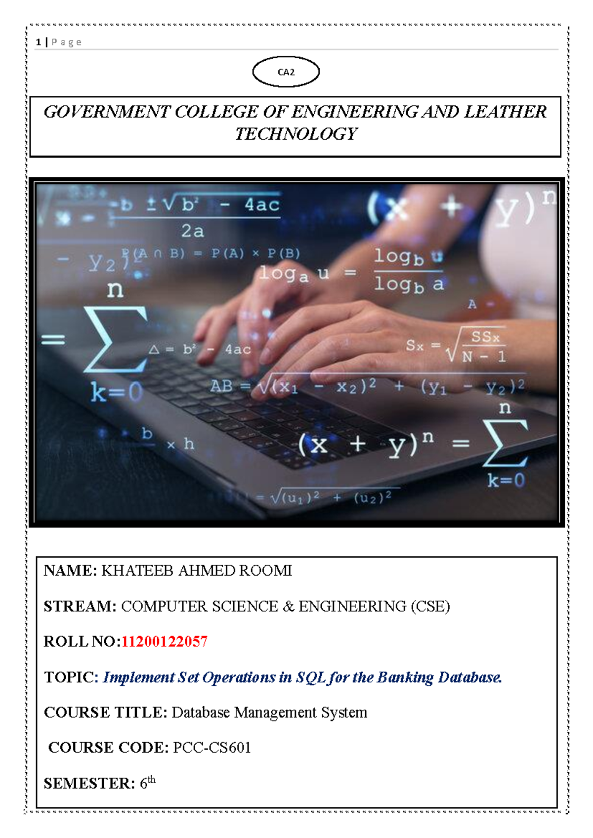 CA2: Implementing SQL Set Operations in Banking DBMS for CSE 6th Sem - Studocu