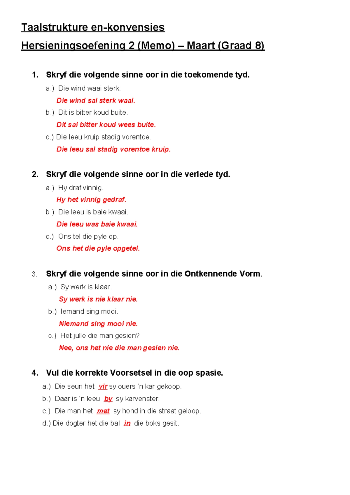 Hersieningsoefening 2 – Maart (Graad 8): Taalstrukture Oefeninge - Studocu