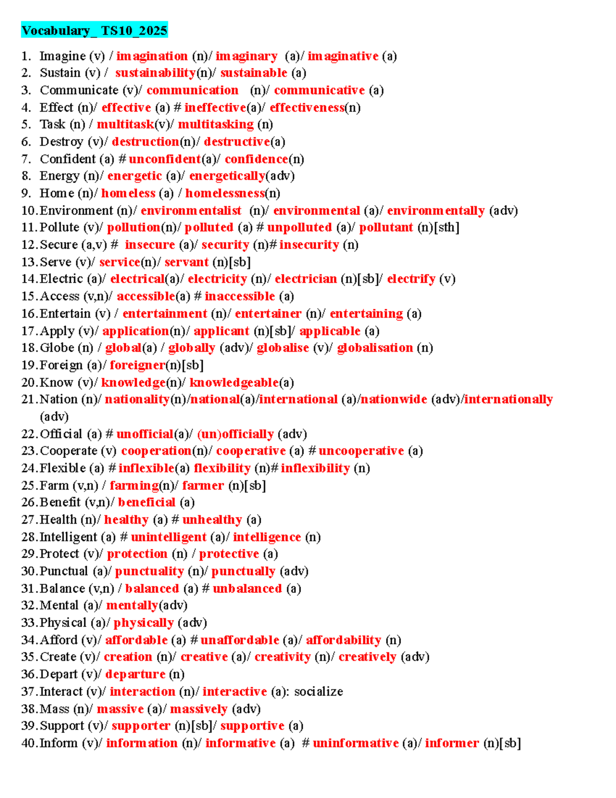 Vocabulary List for TS10-2025: Key Terms and Definitions - Studocu