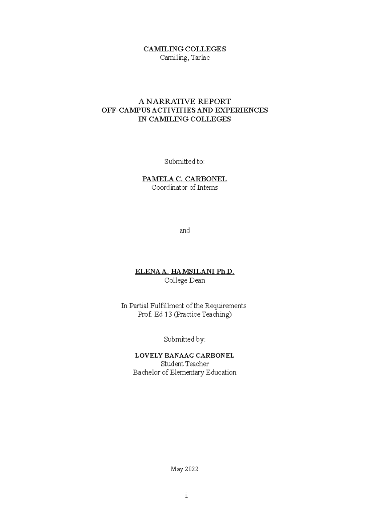 Narrative Report on Off-Campus Activities: Ed 13 Internship - Studocu