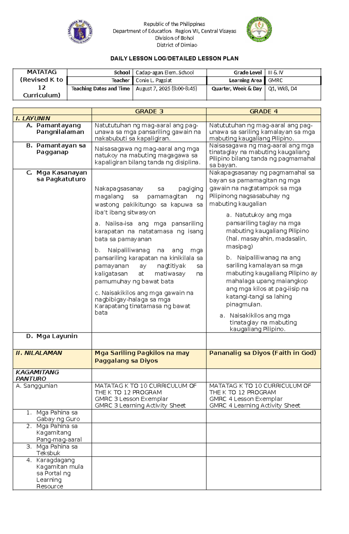 MG 3&4 DLP GMRC Q1 WK8 DAY 4: Daily Lesson Plan for Grade 3 & 4 - Studocu