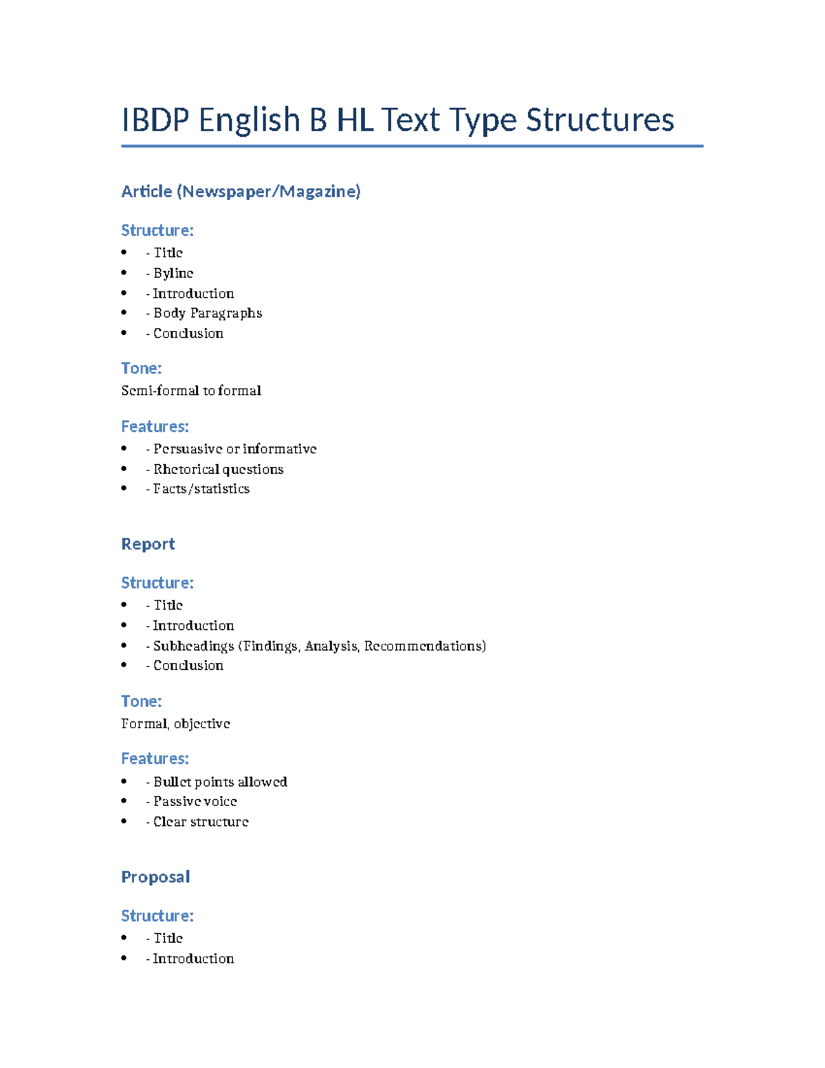 IBDP English B HL Text Types Format and Structure Guide - Studocu